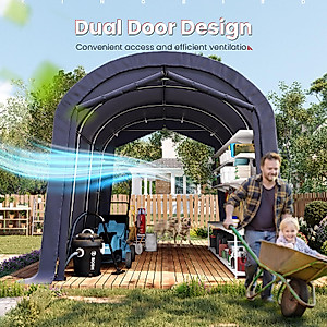 KING BIRD 10' x 15' Heavy Duty Round Style Carport Anti-Snow Car Port Garage Car Tent Car Canopy Outdoor Instant Garage with Reinforced Ground Bars