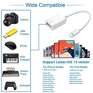 WORLDBOYU Lightning to USB Camera Adapter Lightning Female USB OTG Cable Adapter for Select iPhone,iPad Models Support Connect Camera, Card Reader, USB Flash Drive, MIDI Keyboard, White