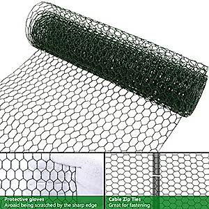 Aboofx Green Chicken Wire Netting, 118 x 15.7 in Chicken Wire for Foral Arrangements, Garden Poultry Chicken Wire Mesh, Hexagonal PVC Coated Galvanized Iron Wire, with 50 Zip Ties and 1 Pair of Glove