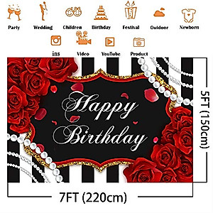 Avezano Happy Birthday Rose Flower Backdrop Red and Black Stripe 7x5ft Birthday Party Decoration Pearl Red Floral Dessert Table Banner