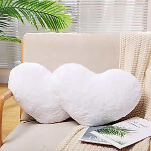 Remerry 4 Pcs Heart Shaped Cute Throw Pillows Faux Rabbit Fur Heart Pillow Soft Fluffy Throw Cushion Decorative for Bedroom Bed Sofa Kid Girls Sleepover Party(White)