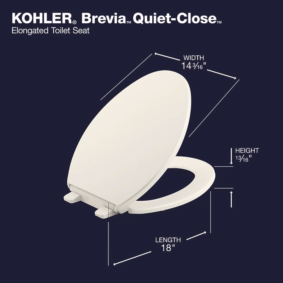 Kohler K-20110-96 Brevia Elongated Toilet Seat with Grip-Tight Bumpers, Quiet-Close Seat, Quick-Attach Hardware, Biscuit