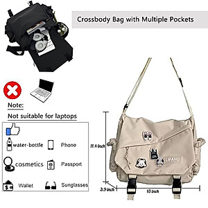 Inshere Aesthetic Crossbody Bag with Cute Pins and Ornament, Casual Shoulder Messenger Bag Japanese Kawaii Bag for Women Men (White)