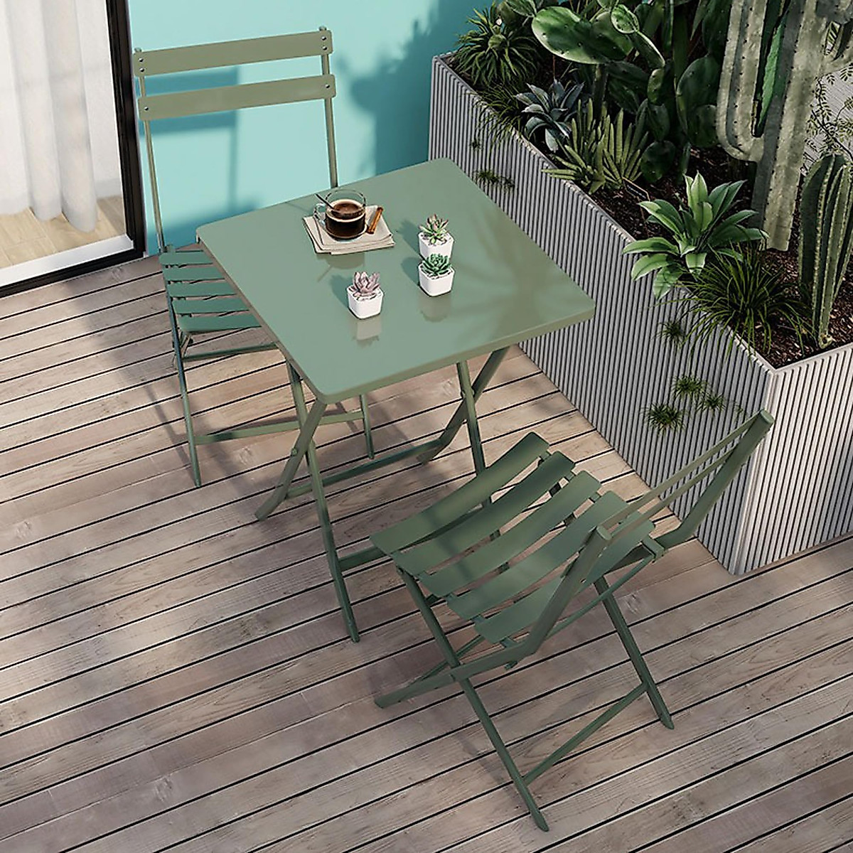 LOPOO 3 Pieces Metal Patio Bistro Set - 1 Square Table and 2 Chairs, Modern Foldable Outdoor Indoor Furniture for Garden, Yard, Balcony, Bar, Cafe, Dining, Dark Green