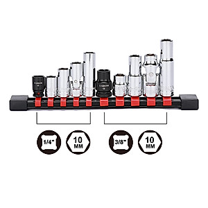 CASOMAN 10Pcs Impact Socket & Flex Socket Set, 1/4" & 3/8" Dr., 6-Point, 10mm, Metric, Include Magnetic impacet Socket, Storage Rail