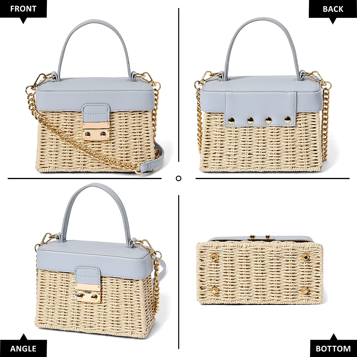 Like Dreams Small Summer Bag for Women Woven Straw Crossbody Vegan Leather Top Handle Plaid Inner Purse (Soft Blue)