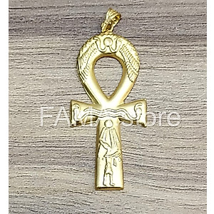 FAMA.store Egyptian Jewelry Ankh Cross Key of Life 18K Solid Yellow Gold necklas Pendant #6 (Large)