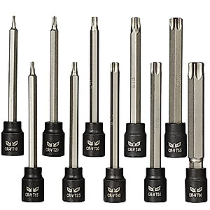 Extra Long Torx Bit Socket Set (10 Pack) - Long 3.5" Torx Bit in 3/8" Drive T10 - T60