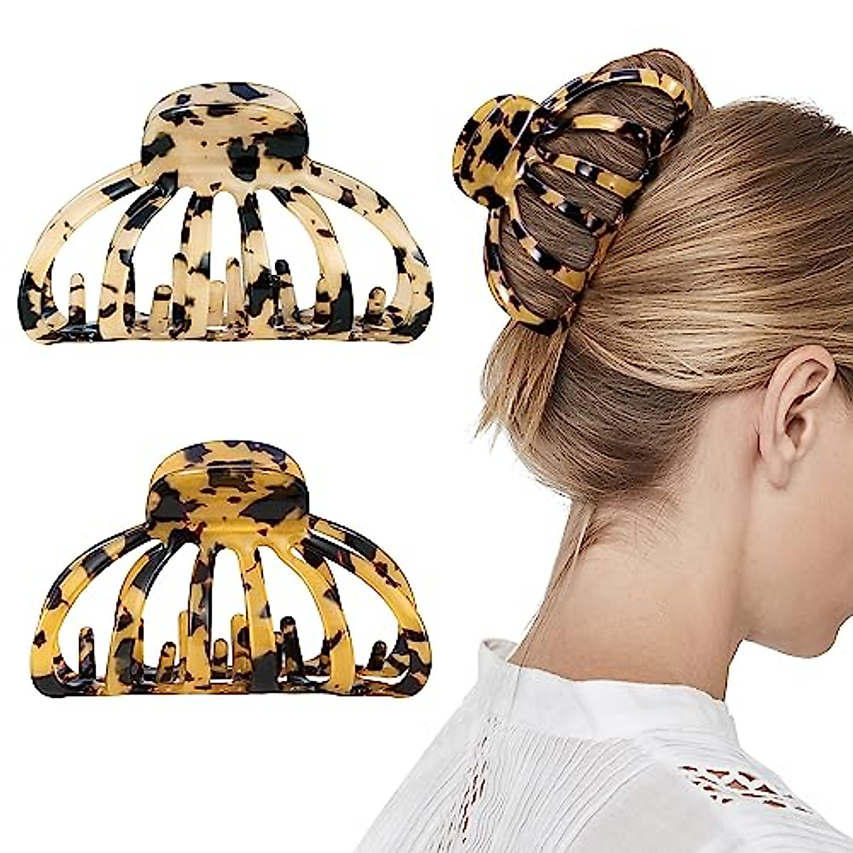 Shinowa Hair Clips, 2-Pack Bohemian Tortoise Shell Hair Claw Clips Strong Hold Big Hair Jaw Clips for Thick Hair, Hair Accessories for Women Girls, Leopard