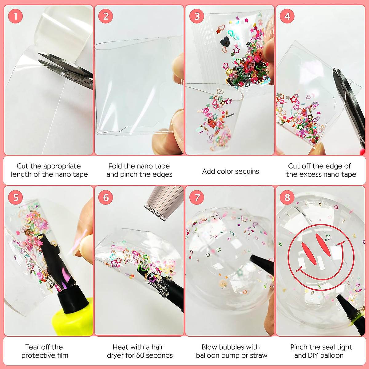 Reengull Nano Tape Bubble Kit - 9.8ft x 1.97” Nano Tape Kit with Balloon Pump and Color Sequin Bags, Clear Nano Tape Bubbles Super Elastic Nano Tape Squishy Kit for Kids Girls DIY (9.8 FT x 1.97 in)