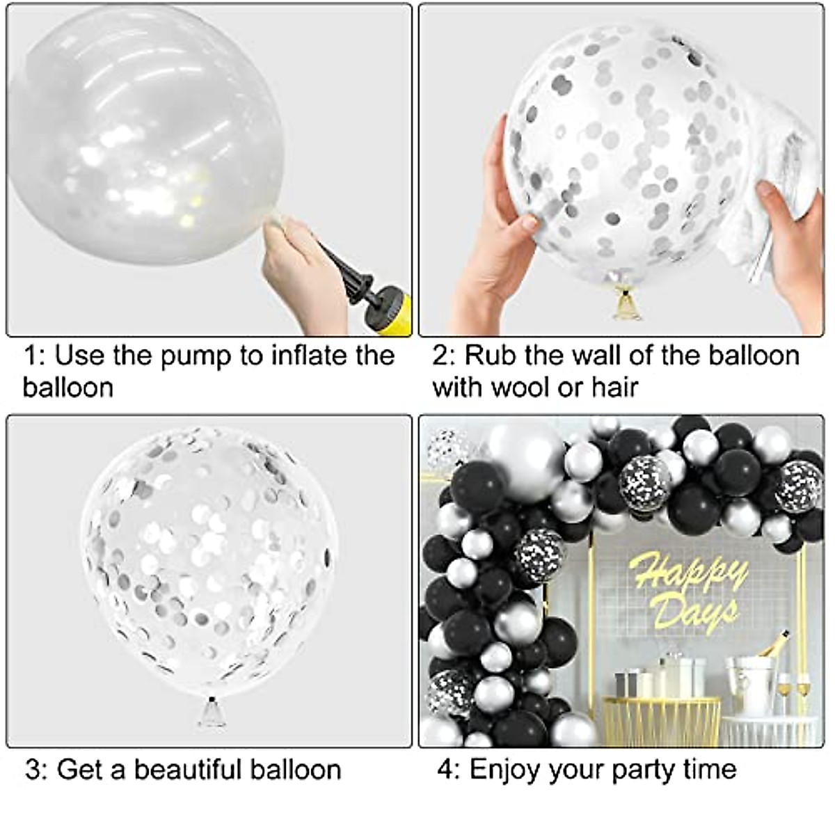 FEPITO 108 Pcs Black Silver Balloon Garland Arch Kit 5 10 12 18 Inches Black Silver Confetti Balloons for Birthday Wedding Bridal Baby Shower Graduation Party Decorations