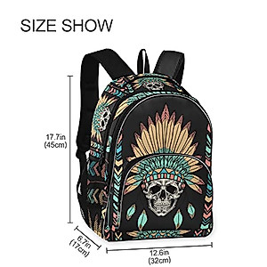 SUABO Skull with Indian Feather Hat Bookbag for Students Teens Girls Boys,Ethnic Backpack Schoolbag Rucksack Travel Bag Laptop Backpacks for Elementary Kindergarten College