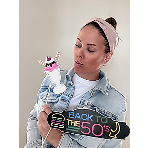 50s Photo Booth Props - 41-pc Photo Booth Kit with 8 x 10-Inch Sign, 60 Adhesive Pads, 45 Sticks - Sock Hop Party Decorations - Fifties Theme Photo Booth Props