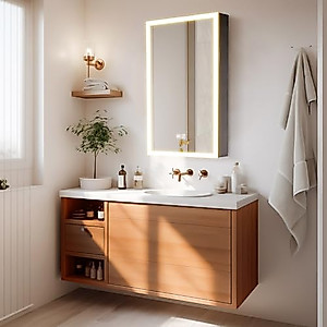 Seenvlog Bathroom Medicine Cabinet with Lights, 15.7" x 27.5" LED Mirror Cabinet, 3-Color Temp, Black Bathroom Storage Cabinet Anti-Fog, Wall Mount