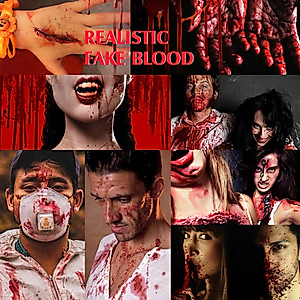 4PCS Halloween Fake Blood Makeup Kit, [Coagulated Blood + Fake Blood Spray 60ML + Dripping Blood 60ML + Black Stipple Sponge], Fake Blood Washable for Clothes Face SFX Wound, Vampire