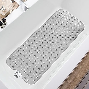 TEESHLY Bathtub Mats for Shower Tub Extra Long Non-Slip Bath Mat, 39 x 16 Inch Shower Mat with Drain Holes and Suction Cups, Bath Tub Mat for Bathroom with Machine Washable (Clear Grey)
