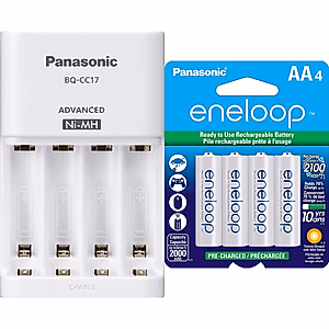 Eneloop Panasonic Advanced 4-Cell Battery Charger BQ-CC17SBA White & Ni-MH AA Battery BK-3MCCA4BA 1.2V 4pk Rechargeable