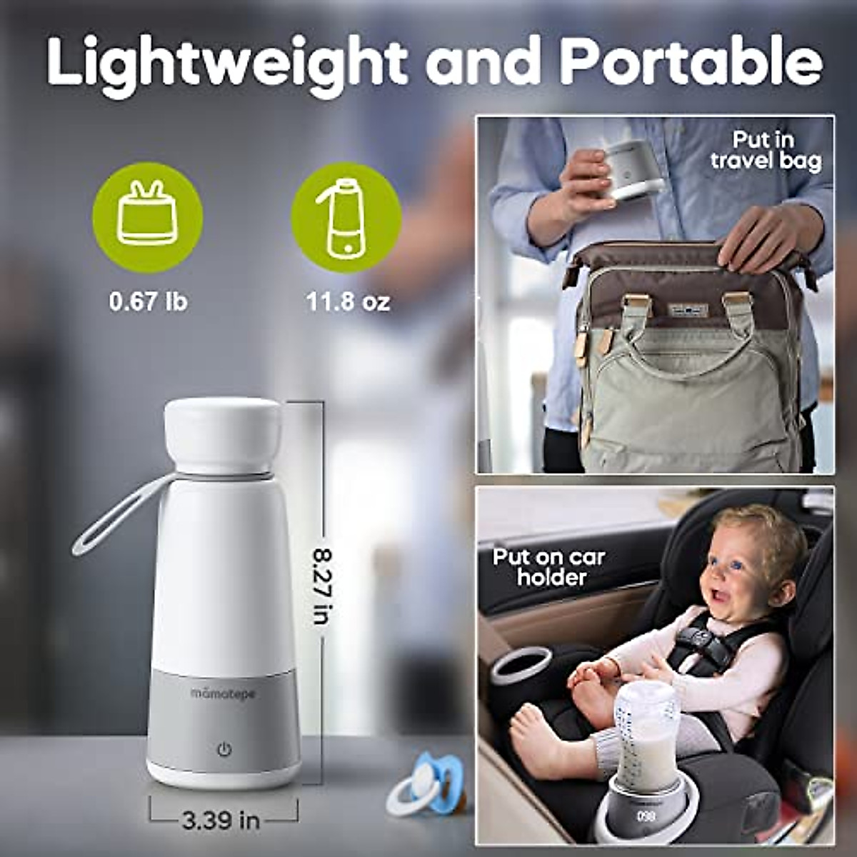 Mamatepe 2-in-1 Portable Bottle Warmer for Travel, Baby Milk Warmer on The go, Baby Brew Bottle Warmer for Breastmilk, Formula, Water, USB Rechargeable 4 Temperature Setting (Not Include Adapters)