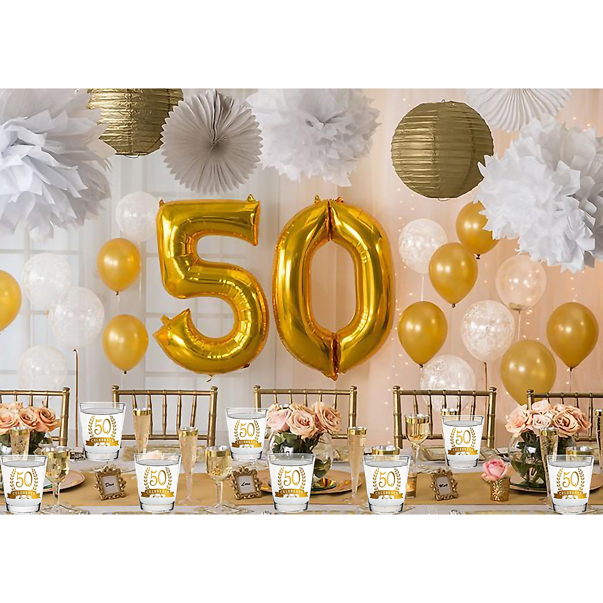 Bisyata 50th Birthday Shot Glass Gift Set for Women Men - 50 Birthday Party Decoration - 50th Gold Anniversary Table Decoration or Gift - 2oz Set of 6 - With Gift Box