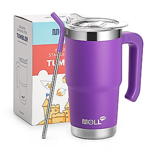 Mollcity Insulated Tumbler with Handle 16 oz Stainless Steel Double Wall Vacuum Tumbler Travel Water Cup with Lid and Straw, BPA Free (Purple)