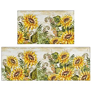 Xsinufn Sunflower Farmhouse Kitchen Rugs Set 2 Piece Colorful Summer Flowers Decorative Rug for Kitchen Low-Profile Floor Mats Decorations for Home Kitchen (17"x48"+17"x30")
