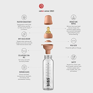 BIBS Baby Glass Bottle. Anti-Colic. Round Natural Rubber Latex Nipple. Supports Natural Breastfeeding, Complete Set - 225 ml, Woodchuck