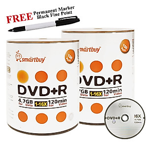 Smartbuy 200-disc 4.7GB/120min 16x DVD+R Logo Top Blank Media Record Disc + Black Permanent Marker