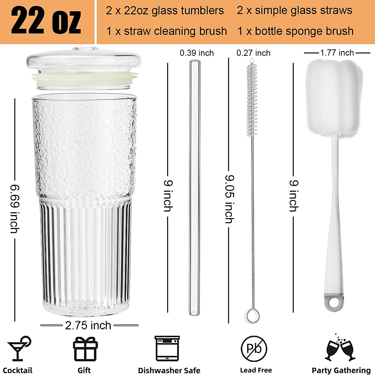 ALINK Glass Cups with Glass Lids and Straws, 22 oz High Borosilicate Clear Iced Coffee Glass Tumblers, Drinking Glass Smoothie Tea Water Cups, Pack of 2 with Cleaning Brush