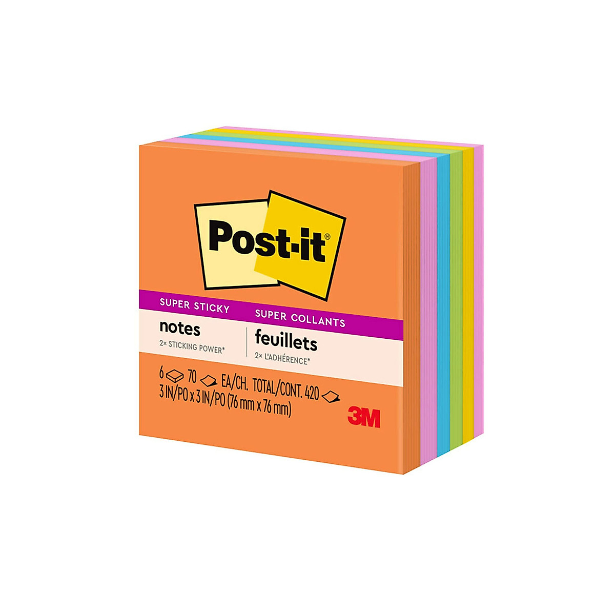 Post-it Super Sticky Notes, 4x4 in, 6 Pads, 2x the Sticking Power, Energy Boost, Bright Colors (Orange, Pink, Blue, Green), Recyclable(675-6SSAN)