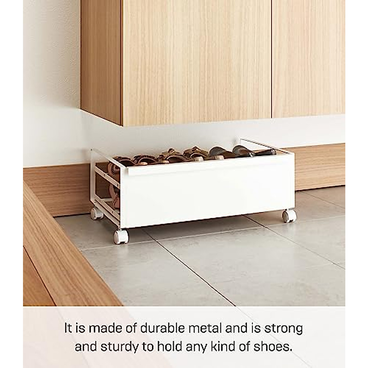Yamazaki Home Frame Rolling Shoe Rack, 9" - Steel - Holds 4 Shoes, 6 Heels