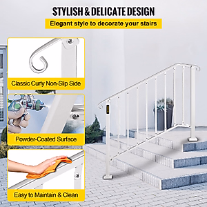 VEVOR Handrail for Outdoor Steps, 3-4 Steps White Fence Outdoor Handrail, Adjustable Metal Staircase Handrail, Thickened Stair Railings for Porch Railing, Deck Handrail