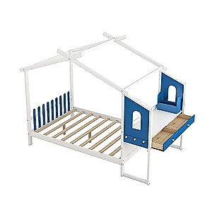 Heliosphere Full Size Platform Bed Frame with Built-in Desk and 2 Drawers, Storage Bed Frame with Separate Storage Pen Case, House Shaped Platform Bed, Solid Wood Bed Frame for Kids Teens Bedroom