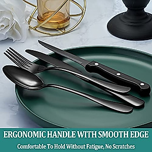 24 Pcs Black Silverware Set with Steak Knives Service for 4,Stainless Steel Flatware Set,Mirror Polished Cutlery Utensil Set,Kitchen Eating Tableware Set,Include Fork Knife Spoon Set,Dishwasher Safe