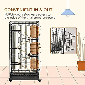 PawHut 6 Level Small Animal Cage for Dwarf Rabbits, Pet Minks, and Chinchillas w/Removable Tray, Ramp, Water Bottle, Food Dish, Small Pet Cage for Indoor Use, Black