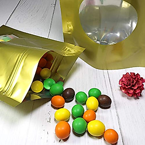 Double-Sided Matte/Glossy Color with Clear Round Window Stand-Up Pouch (6.3" x 8.7", Glossy Gold | 100 Bags)