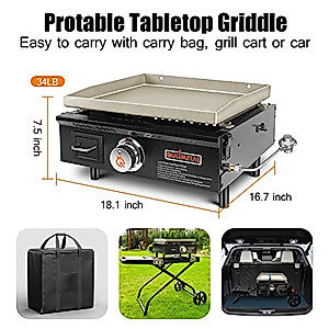 QuliMetal Portable Griddle Flat Top Grill 17 Inch Table Top Griddle Gas Grill Propane Grill with Carry Bag Outdoor Griddle Camping Griddle 15,000 BTU Burner 268 Sq Stainless Steel For Party Tailgating