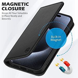 SHIELDON Case for iPhone 15 Pro Max 6.7", Genuine Leather Wallet Folio Case [Magnetic Closure] [RFID Blocking Card Slot] [Kickstand] Full Protection Case Compatible with iPhone 15 Pro Max 2023 - Black