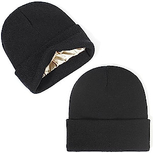 Unisex Satin Lined Winter Beanie for Women Men Silky Lining Slouchy Skull Cap Knitted Cuffed Skiing Knit Hat(Black & Dark Grey)