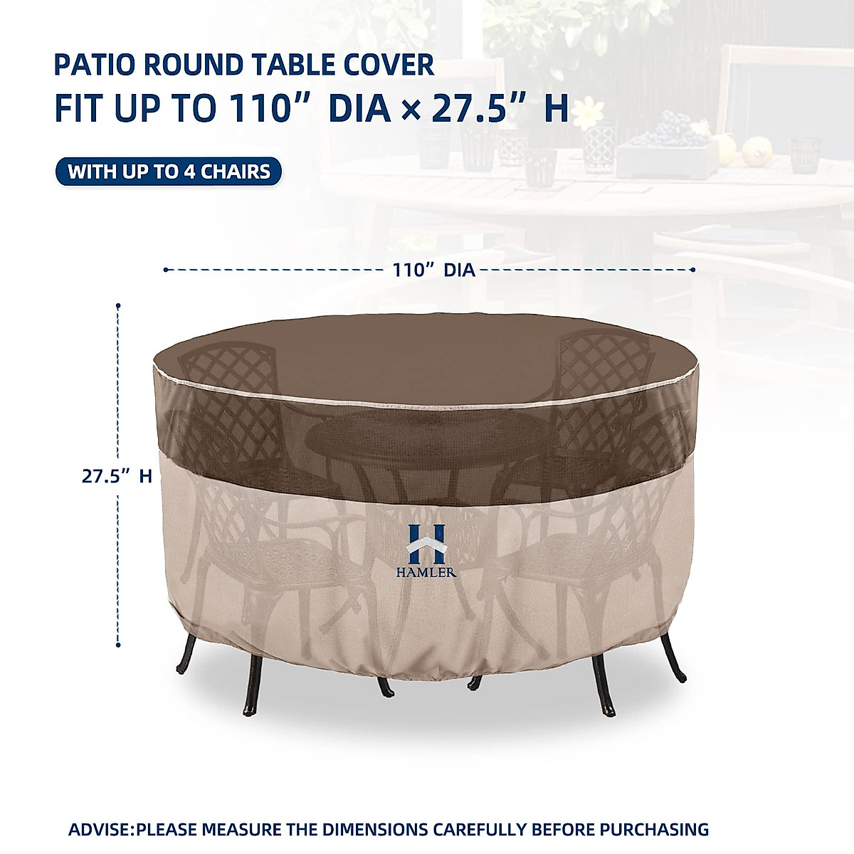 HAMLER Round Outdoor Table Cover, Heavy Duty Outdoor Table Chair Set Covers with Air Vents and Handles, Patio Table Cover Fits up to 110" D x 27.5" H, Brown & Beige