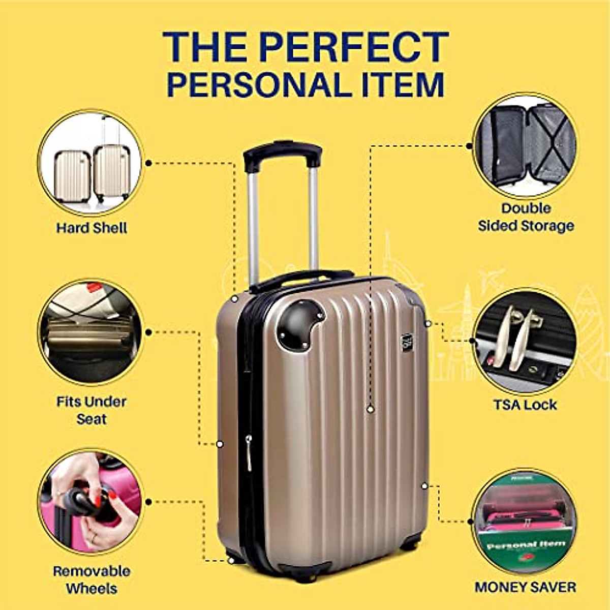 Take OFF Luggage 18 inch Hardshell Carry On Suitcase that Converts into Underseater Luggage with Removable Spinner Wheels for Airline Personal Item Use Requirements, 18 x 14 x 8 Inches - Hot Pink