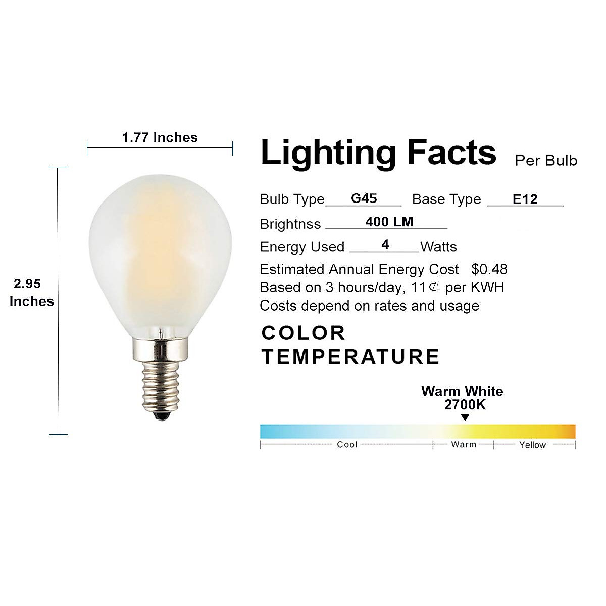 OPALRAY G45(G14) Mini Globe 4W LED Dimmable Bulb, 40W Incandescent Bulb Equivalent, 2700K Warm White Light Color, E12 Small Base Candelabra Light, Frosted Glass Cover, 2 Pack