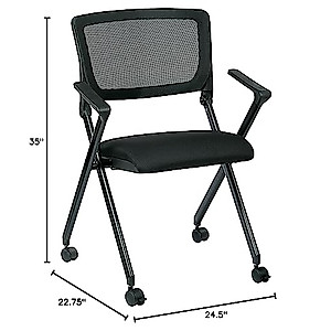 Office Star FC Series 2-Pack Folding Nesting Chairs with Breathable Mesh and Padded Fabric Seat, Icon Black with Black Frame