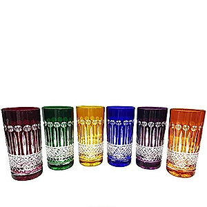 6 Aperitif Juice and Water Crystal Glasses - 6 Colors Assortment - Service Roemer Diamant (12 fl oz) - Klein House Artisan du Cristal - Gift set - Stamp : Klein 54120 Baccarat France
