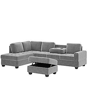 UBGO L-Shaped Sectional Sofa with Convertible Chaise Longue with Storage Footrest and 2 Cup Holders, Velvet Upholstered Sofa for Living Room Office Apartment, Gray