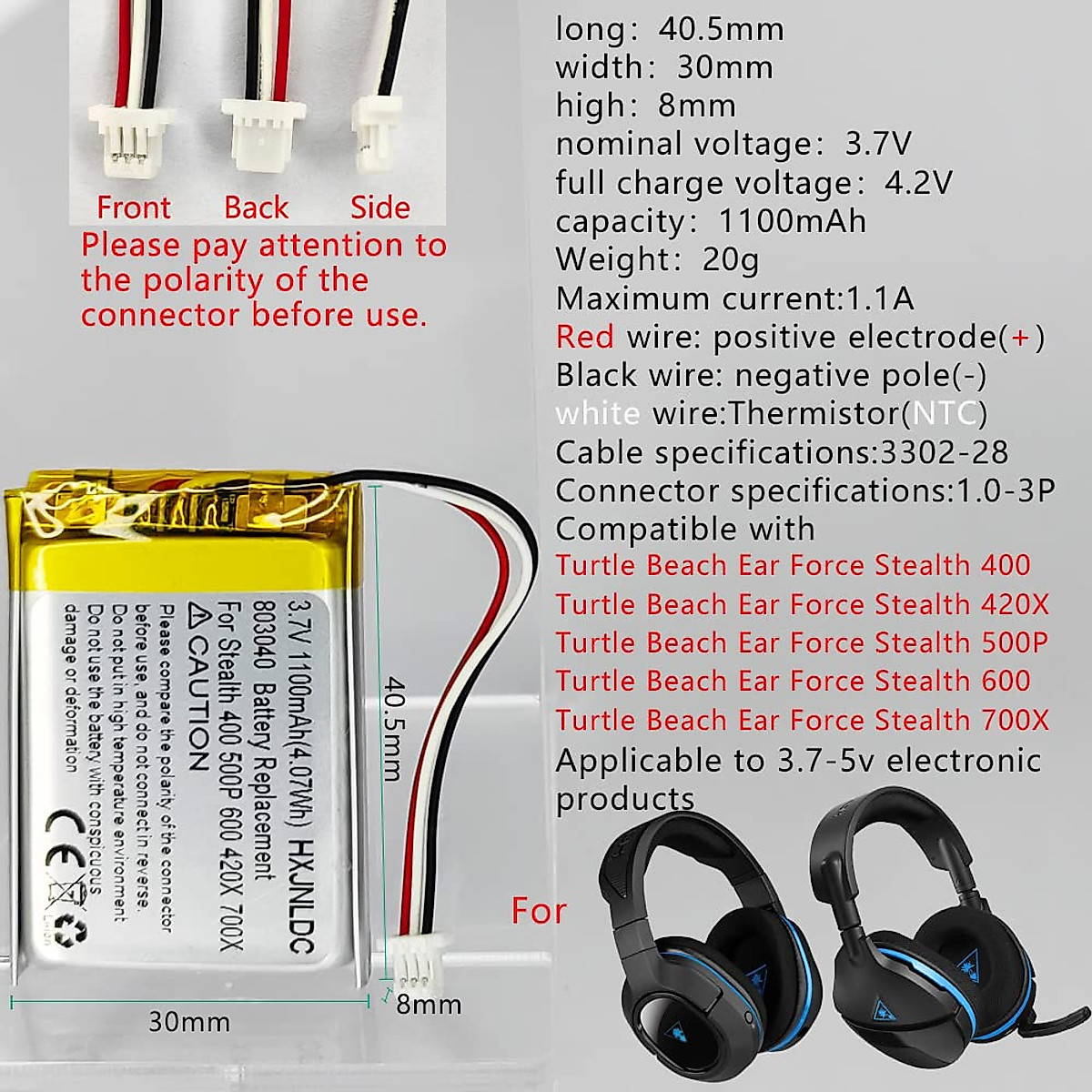 HXJNLDC 3.7V 803040 1100mAh Battery Replacement for Turtle Beach Ear Force Stealth 400 420X 500P 600 700X Gen 2 Wireless Surround Sound Gaming Headset