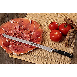 ARCOS Slicing Knife / Ham Knife 12 Inch Nitrum Stainless Steel and 300 mm blade. Ergonomic Polyoxymethylene POM Handle.Series Riviera. Elegant design, along with the comfort of its handle. Color Black