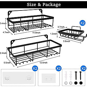Adhesive Shower Caddy (2 Pack) with 2 Soap Dishes, Shower Shelf with Hooks, No Drilling/ Wall Mounted Shower Rack Rustproof Stainless Steel Shower Organizer for Inside Shower & Kitchen Storage (Black)
