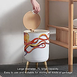 Trash Can with Lid Watercolor Octopus Hand Painted Press Cover Small Garbage Bin Round with Wooden Legs Waste Basket for Bathroom Kitchen Bedroom 7L/1.8 Gallon