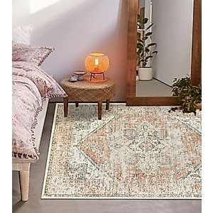 Moespace Washable Area Rug 5x7 ft, Oriental Living Room Rug Boho Nursery Rug for Bedroom, Non-Slip Carpet Print Distressed Retro Entryway Rug for Laundry Dining Room Office Hall, Orange