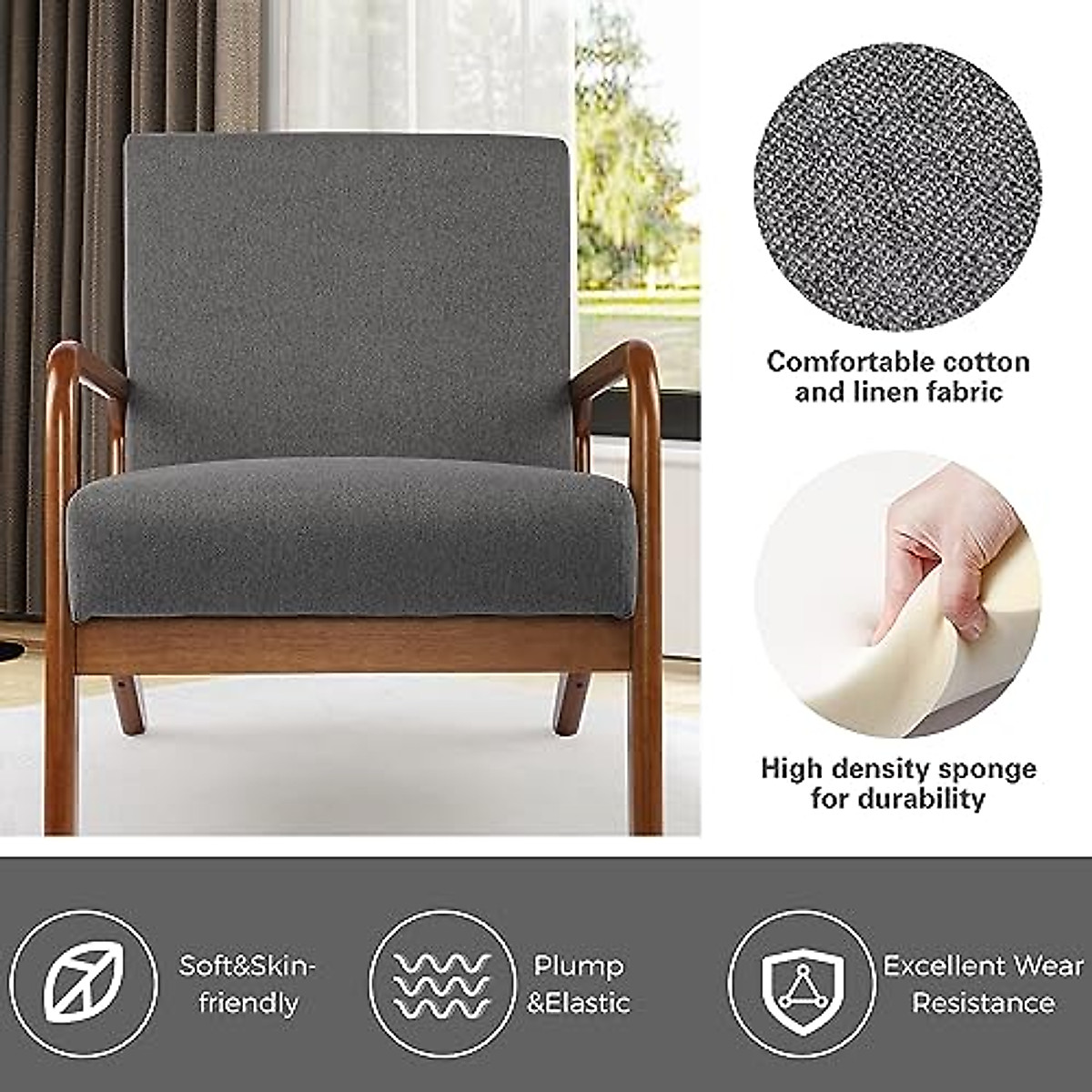 thksbought Accent Chair Armchair with Wood Modern Chair Lounge Side Chair Fabric Single Sofa for Living Room Bedroom Chair(1,Gray)